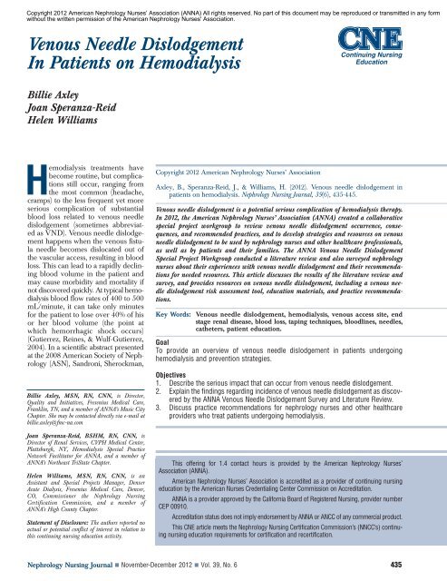 Venous Needle Dislodgement In Patients on Hemodialysis