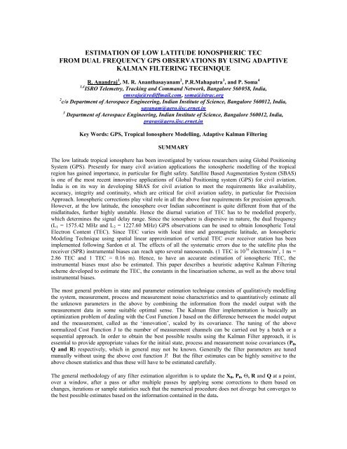 estimation of low latitude ionospheric tec from dual frequency ... - URSI