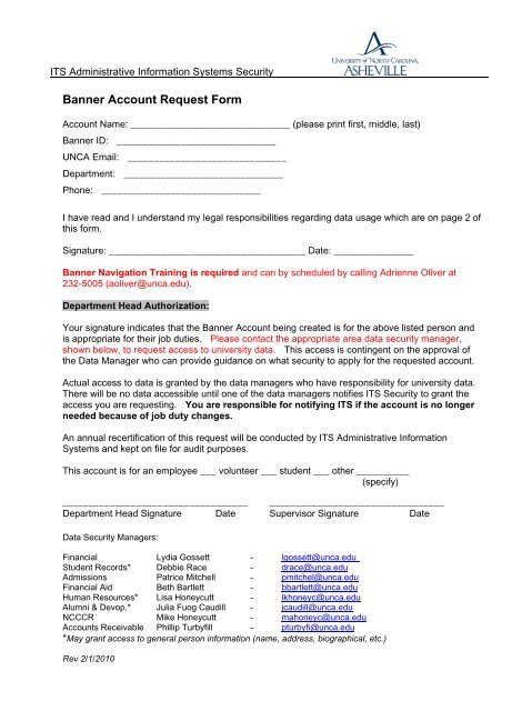 Banner Account Request Form - UNC Asheville
