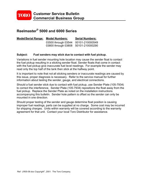 Customer Service Bulletin Commercial Business Group ... - Toro