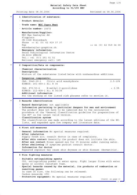 Page 1/4 Material Safety Data Sheet According to 91/155 EEC ...