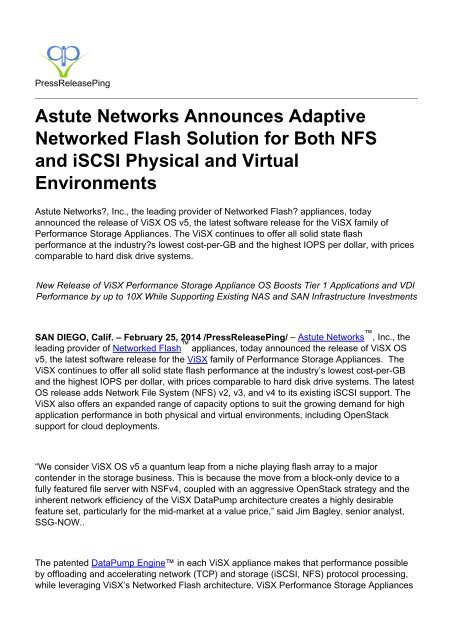 Astute Networks Announces Adaptive Networked Flash Solution for Both NFS and iSCSI Physical and ...
