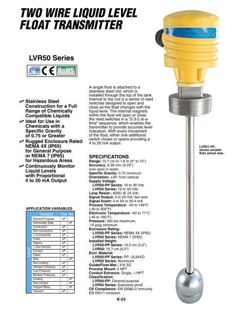 Two Wire Liquid Level Float Transmitter - Omega Engineering