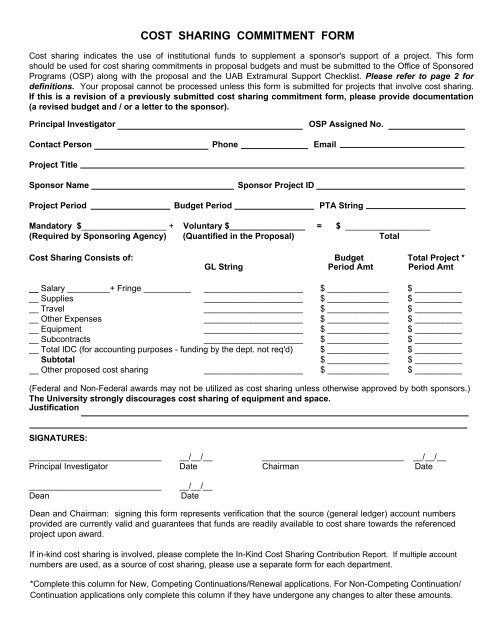 iv) Cost Sharing Commitment Form