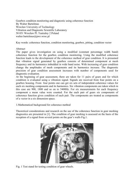Gearbox condition monitoring and diagnostic using coherence ...