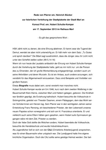 Laudatio von Pfarrer em. Heinrich Bücker - Marl