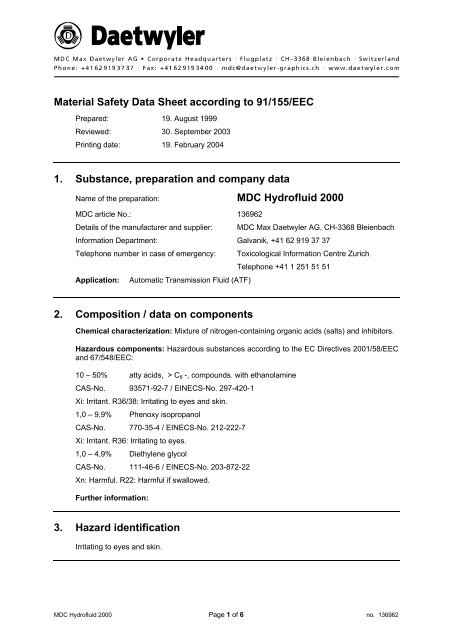 Material Safety Data Sheet according to 91/155/EEC 1. Substance ...