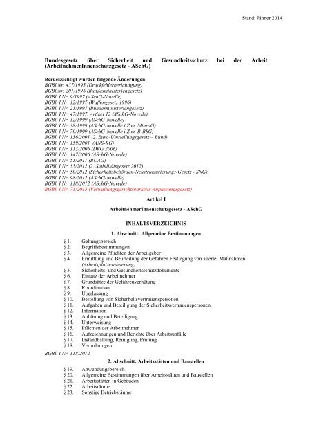 ASchG-Novelle 1999 @ ASchG 5/1997 - Arbeitsinspektion