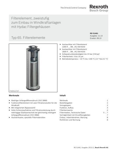 Filterelement, zweistufig zum Einbau in ... - Bosch Rexroth