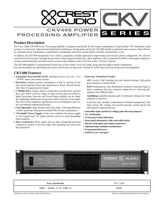 CKV400 POWER PROCESSING AMPLIFIER - Crest Audio