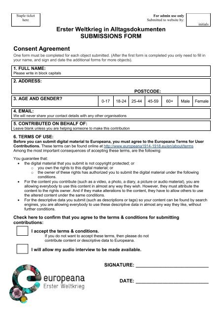 EWA submissions form - Europeana 1914-1918