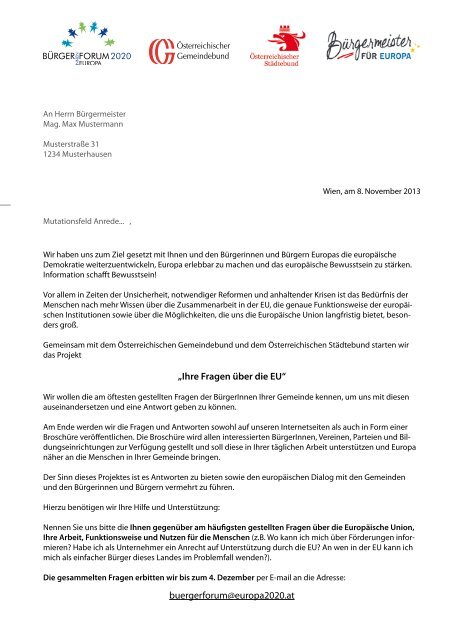 Brief an Bürgermeister, EU-Bürgermeisteraktion - Österreichischer ...