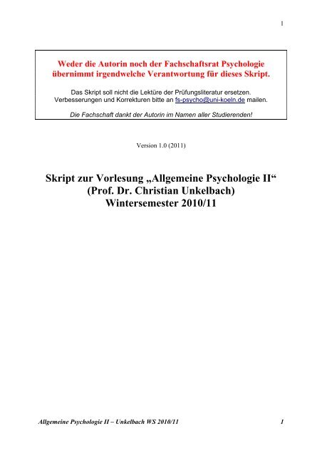 Skript zur Vorlesung „Allgemeine Psychologie II“ (Prof. Dr. Christian ...