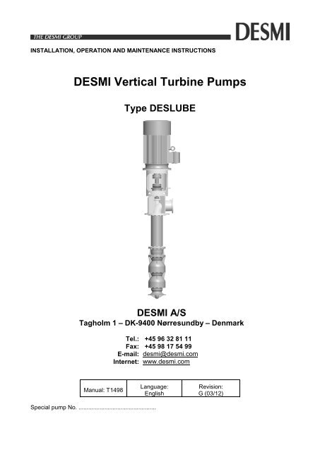 DESMI Vertical Turbine Pumps Type DESLUBE DESMI A/S