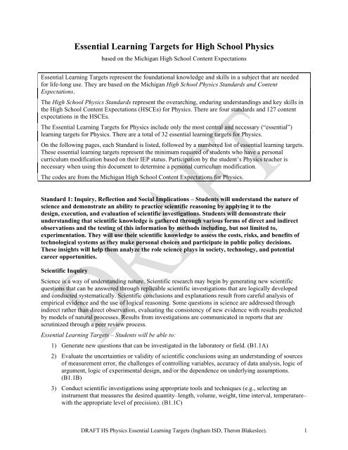 HS Physics Essential Learning Targets