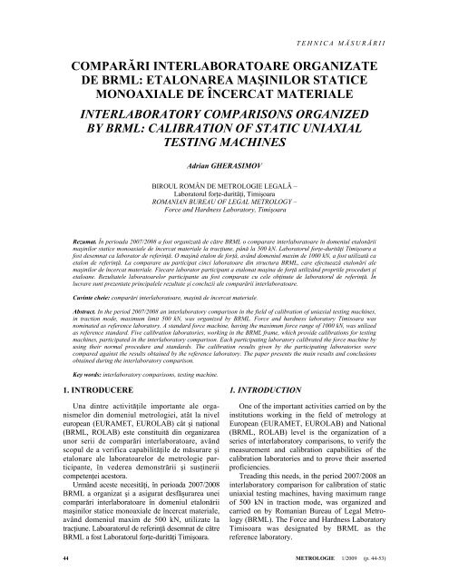 COMPARÄ RI INTERLABORATOARE ORGANIZATE DE BRML ... - Agir