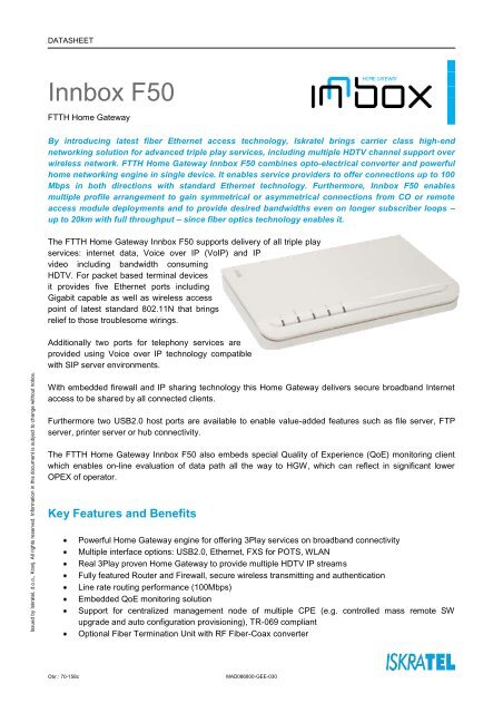Innbox F50 (Datasheet) - Innbox - World in A Box