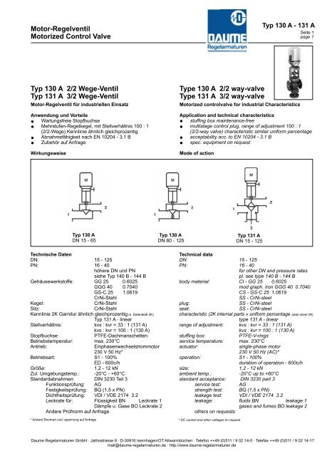 Motor-Regelventil Typ 130A - 131A - Daume Regelarmaturen Gmbh