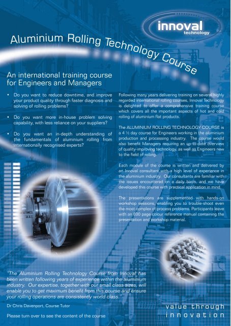 Aluminium Rolling Technology Course - Innoval Technology Ltd