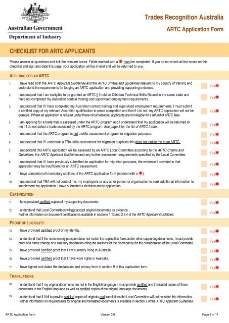 Trades Recognition Australia ARTC Application Form