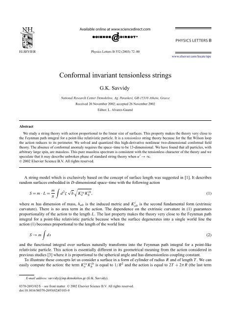G.K.Savvidy CONFORMAL INVARIANT TENSIONLESS STRINGS ...