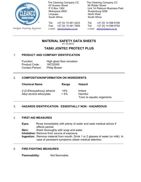 MATERIAL SAFETY DATA SHEETS TASKI JONTEC PROTECT PLUS