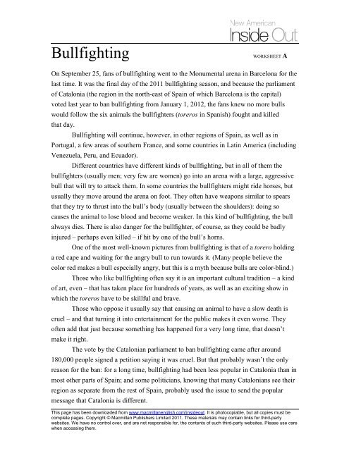 Bullfighting WORKSHEET A - Inside Out