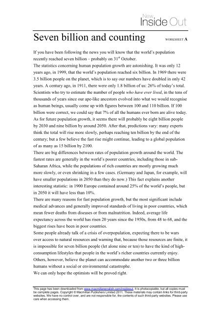 Seven billion and counting WORKSHEET A - Inside Out