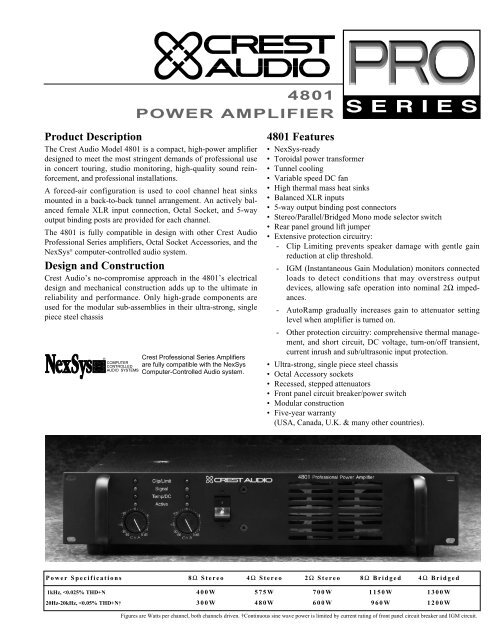 4801 POWER AMPLIFIER - Crest Audio