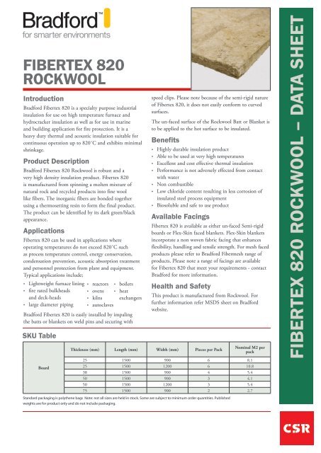 FIBERTEX 820 R OCKW OOL â D ATA SHEET - Insulation Industries