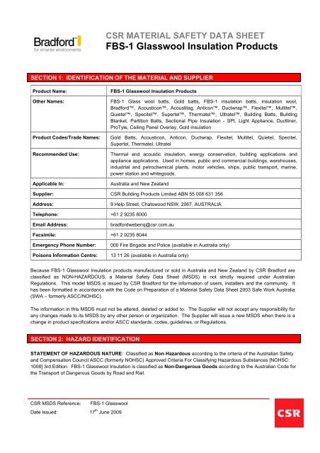 Glasswool MSDS - Insulation Industries