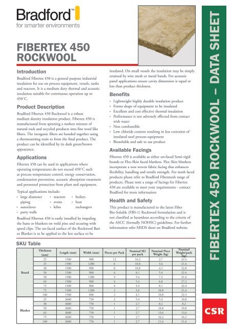 Fibretex 450 0 c Rockwool insulation by CSR Bradford datasheet