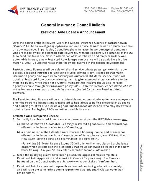 Restricted Auto Bulletin - Insurance Councils of Saskatchewan