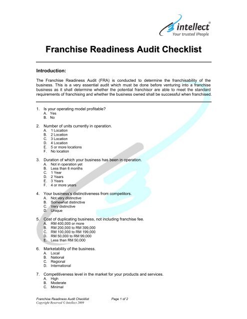 Franchise Readiness Audit Checklist Franchise Readiness Audit Checklist