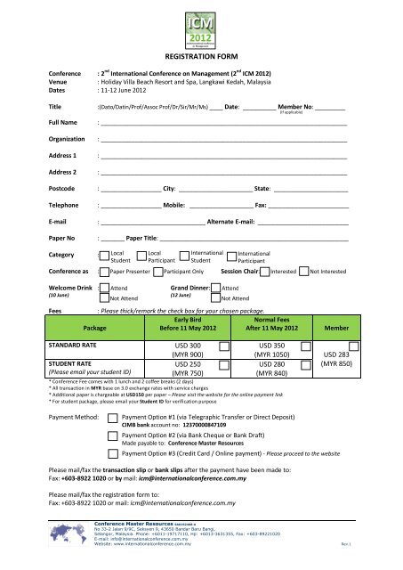 REGISTRATION FORM International Conference Call For Paper 