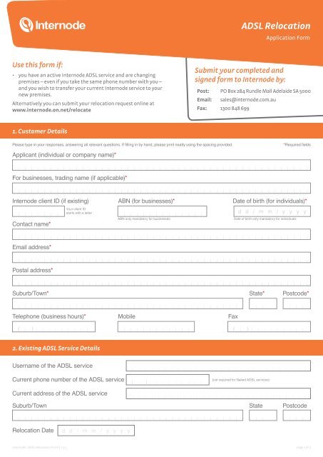 ADSL Relocation Application Form - Internode