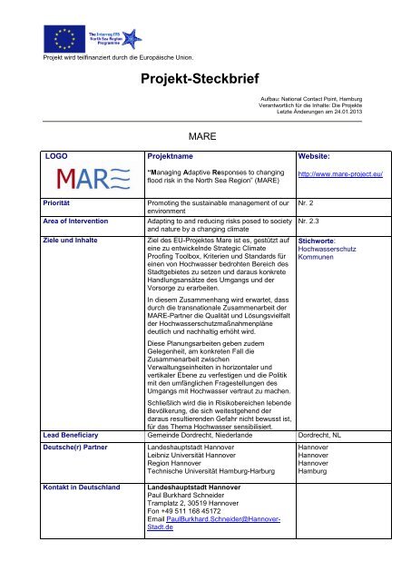 Projekt-Steckbrief als PDF-Datei - Interreg-Nordsee