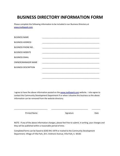 BUSINESS DIRECTORY INFORMATION FORM - Village of Villa Park