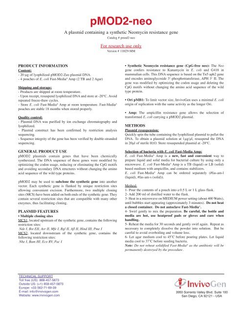 TDS pMOD2-Neo - InvivoGen