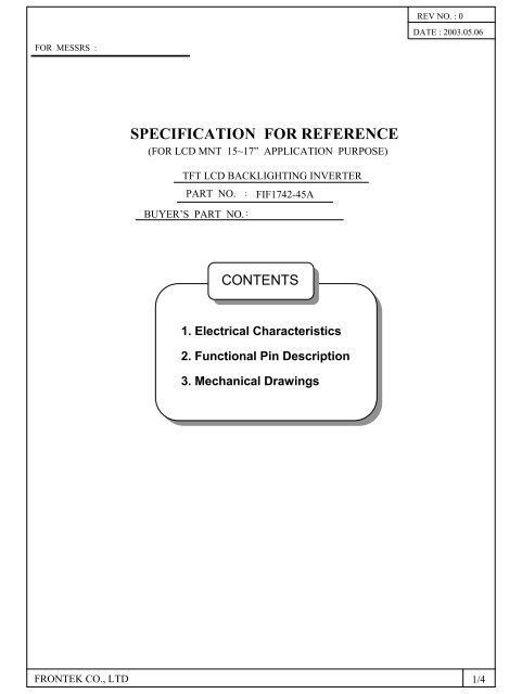 SPECIFICATION FOR REFERENCE