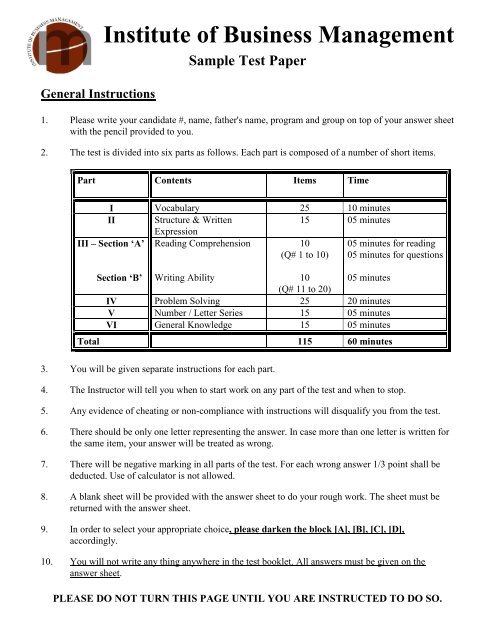 Sample Test Paper - Institute of Business Management