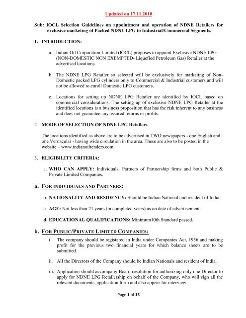 NDNE LPG Retailer Policy guidelines - Indian Oil Corporation Limited