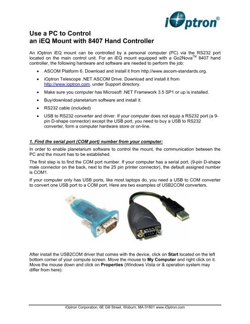 Use a PC to Control an iEQ Mount with 8407 Hand Controller - iOptron