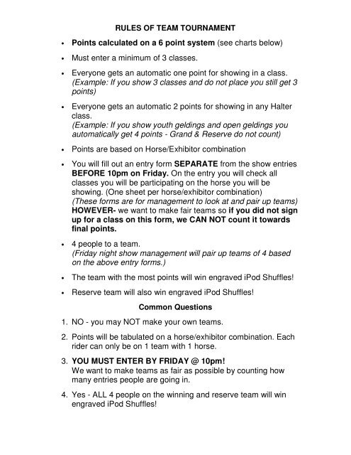 RULES OF TEAM TOURNAMENT â ¢ Points calculated on a 6 point ...