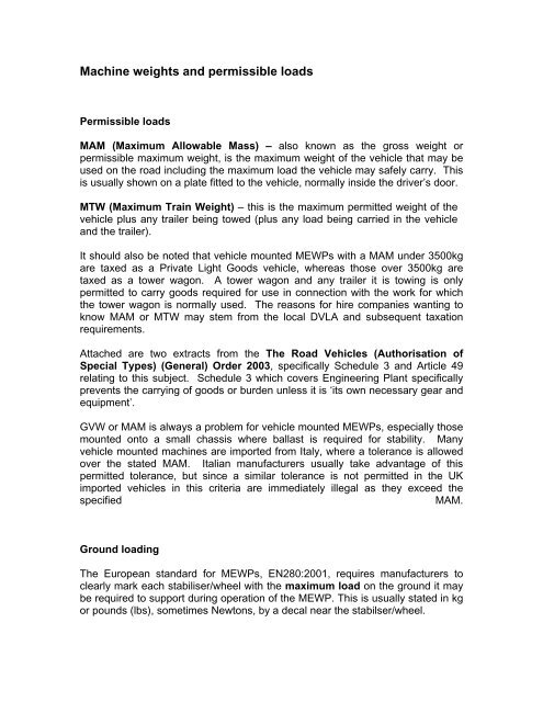 Machine weights and permissible loads - IPAF