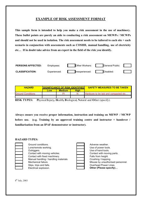 EXAMPLE OF RISK ASSESSMENT FORMAT Ipaf