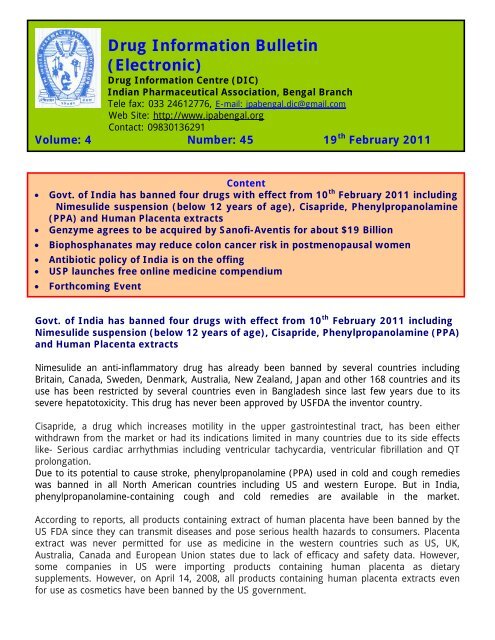 Drug Information Bulletin - Indian Pharmaceutical Association