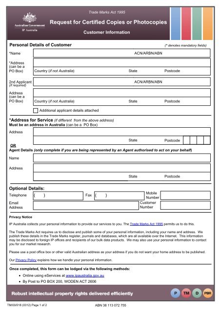Request for Certified Copies or Photocopies - IP Australia