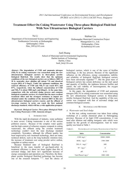 Treatment Effect On Coking Wastewater Using Three-phase ... - ipcbee