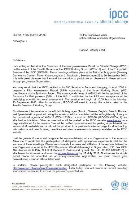 Letter of invitation to International and other Organizations - IPCC
